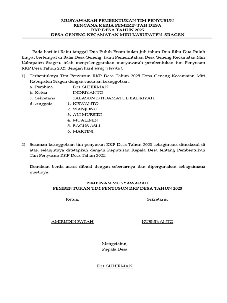 BA. Pembentukan Tim Penyusun RKP Desa 2025 | PDF