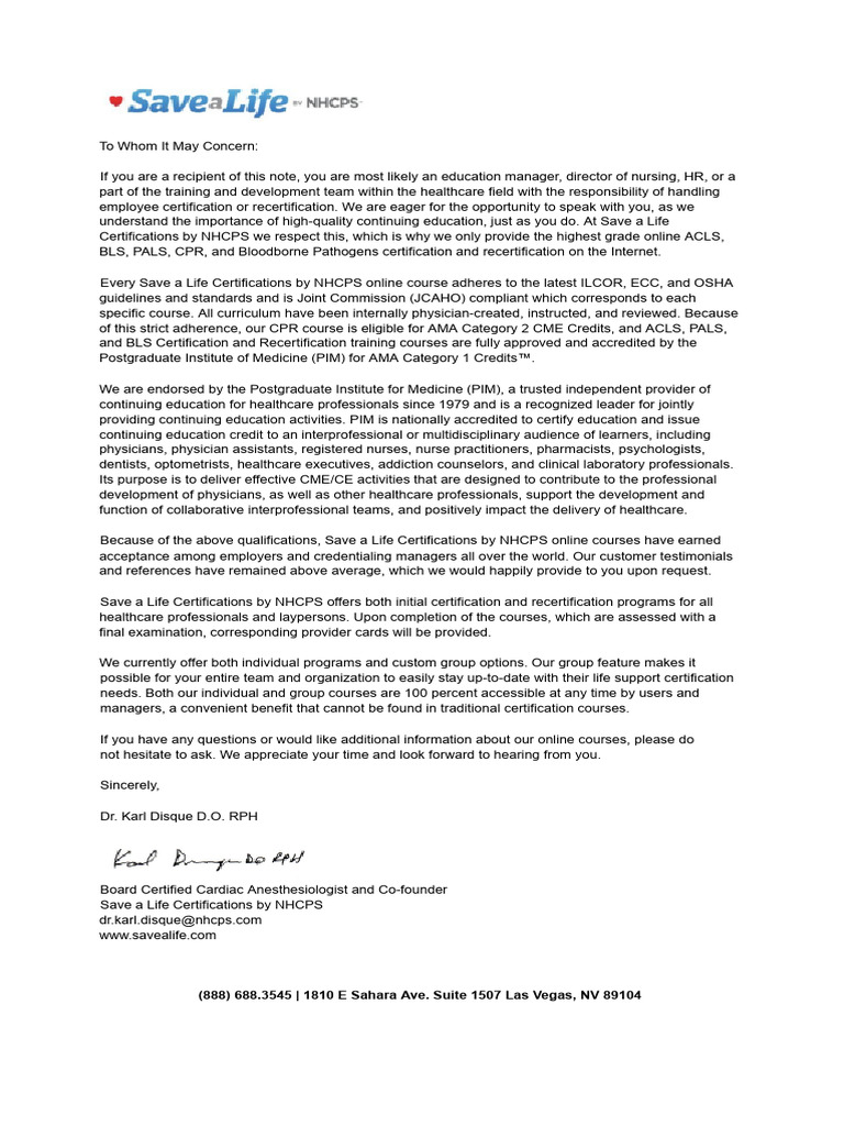 Save A Life Intro Letter | PDF | Health Professional | Medicine