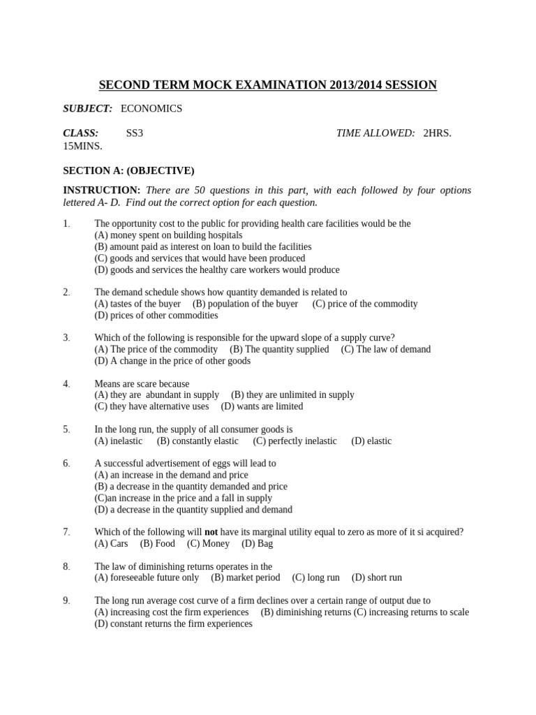 SS 3 SECOND TERM MOCK EXAMINATION | PDF | Demand | Elasticity (Economics)