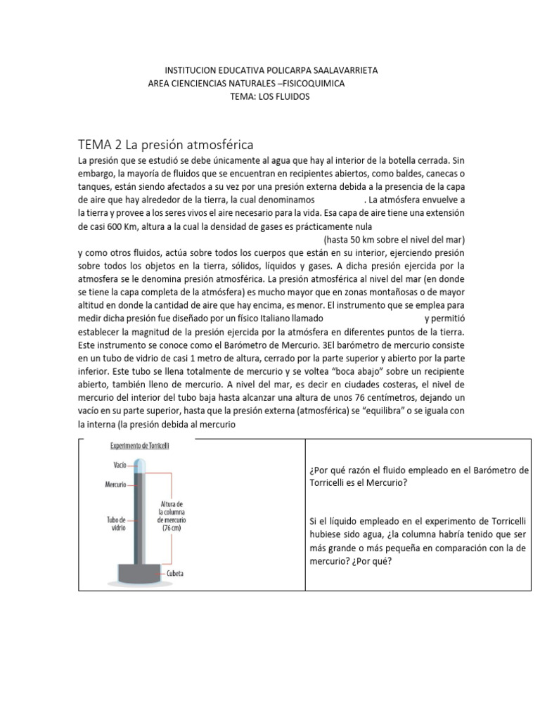 Presión Atmosférica y Barómetro en 8º | PDF | Pascal (Unidad) | Presión