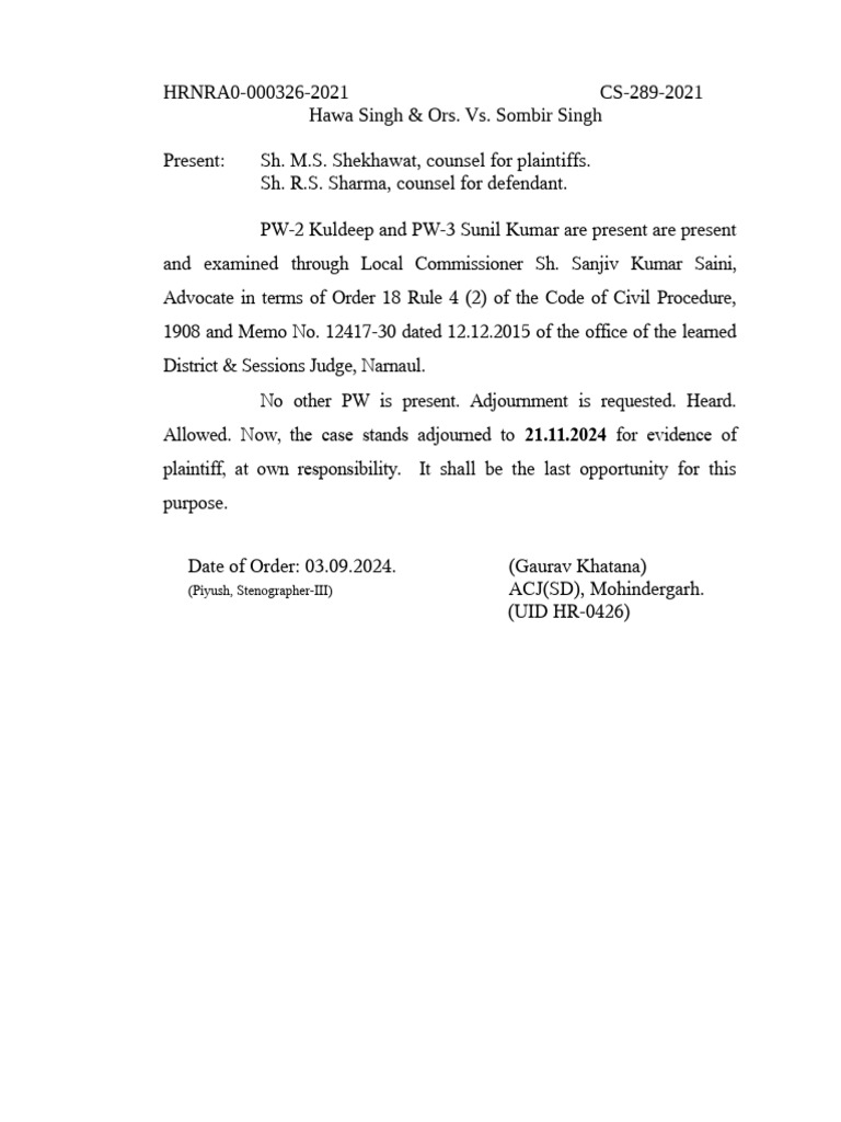Hawa Singh Case Adjournment Order | PDF