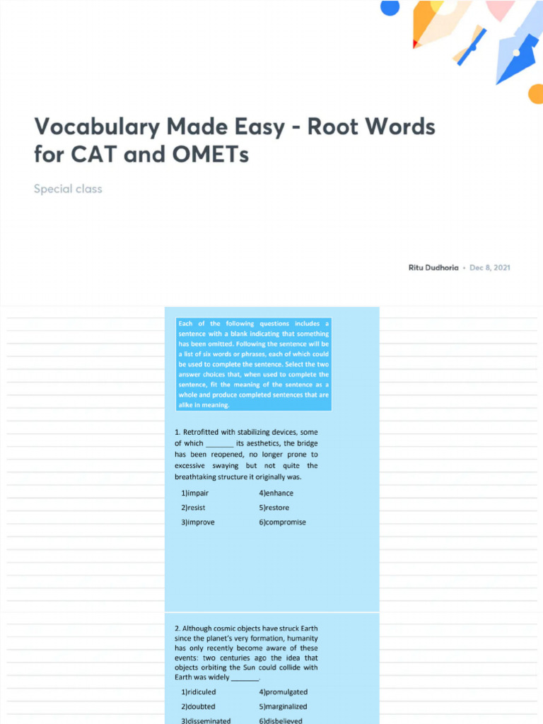 Vocabulary Made Easy Root Words For CAT and OMETs No Anno-1 | PDF