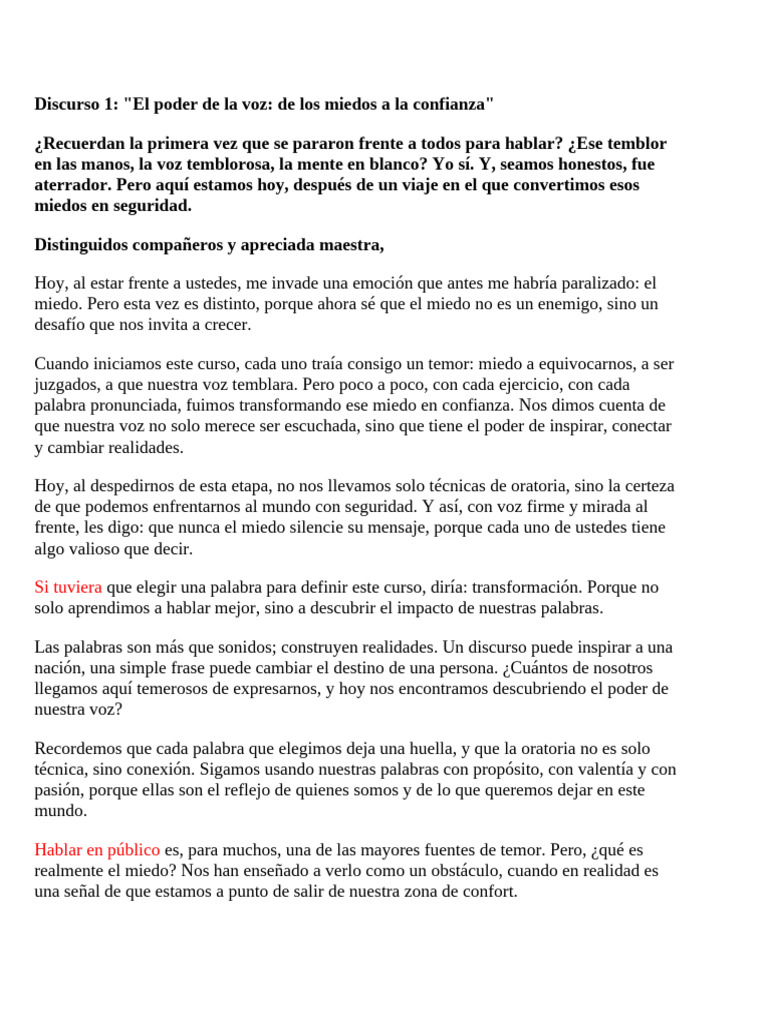 Discurso 1 | PDF | Temor | Hablar en público