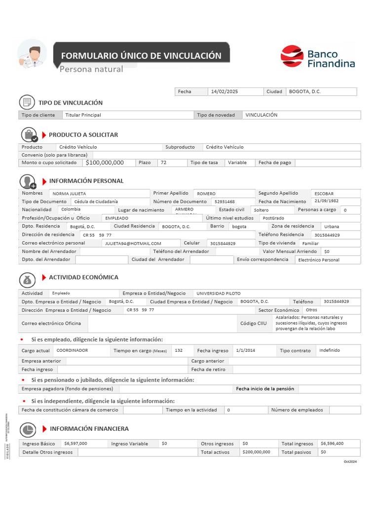 Formulario Vinculacion - 1739543884-f-f | PDF | Bancos | Pagos