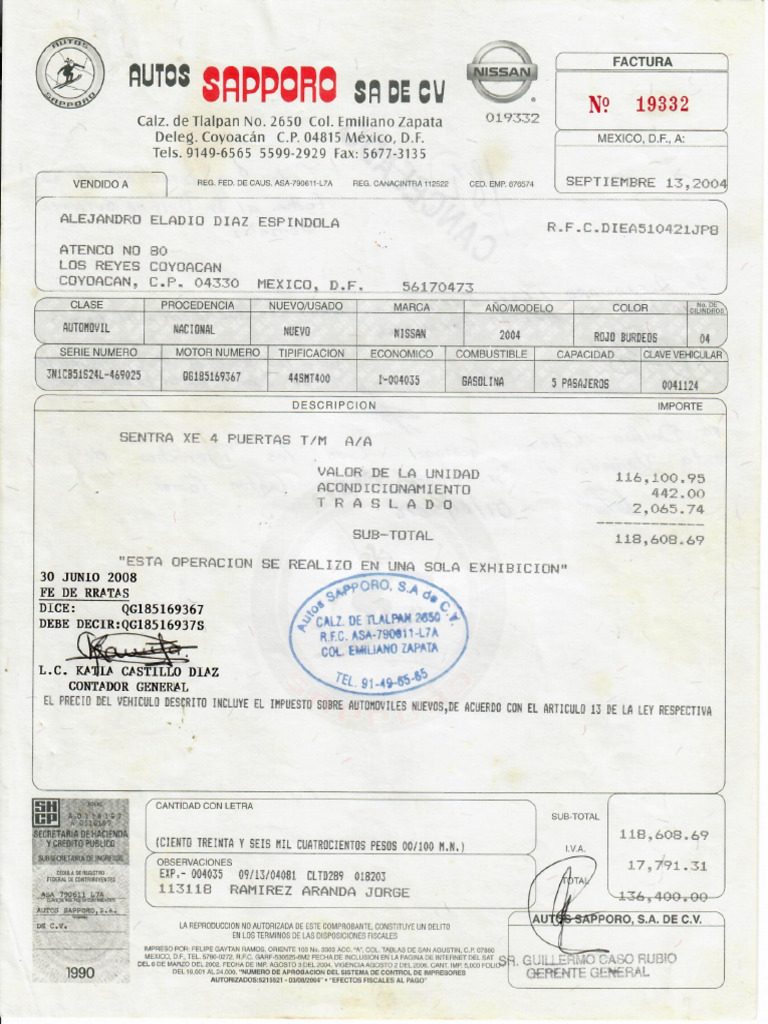 Factura Original Sentra 2004 Escaneo 2022 | PDF