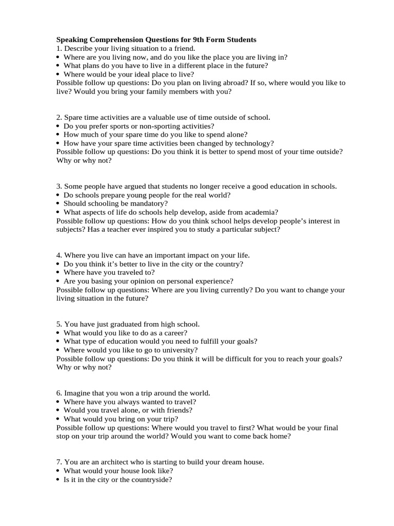 Speaking Comprehension Questions for 9th Form Students | PDF | Gift