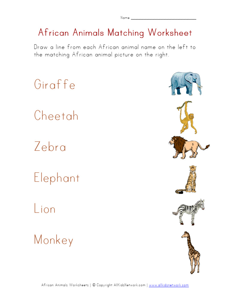 African Animals Matching Worksheet | PDF