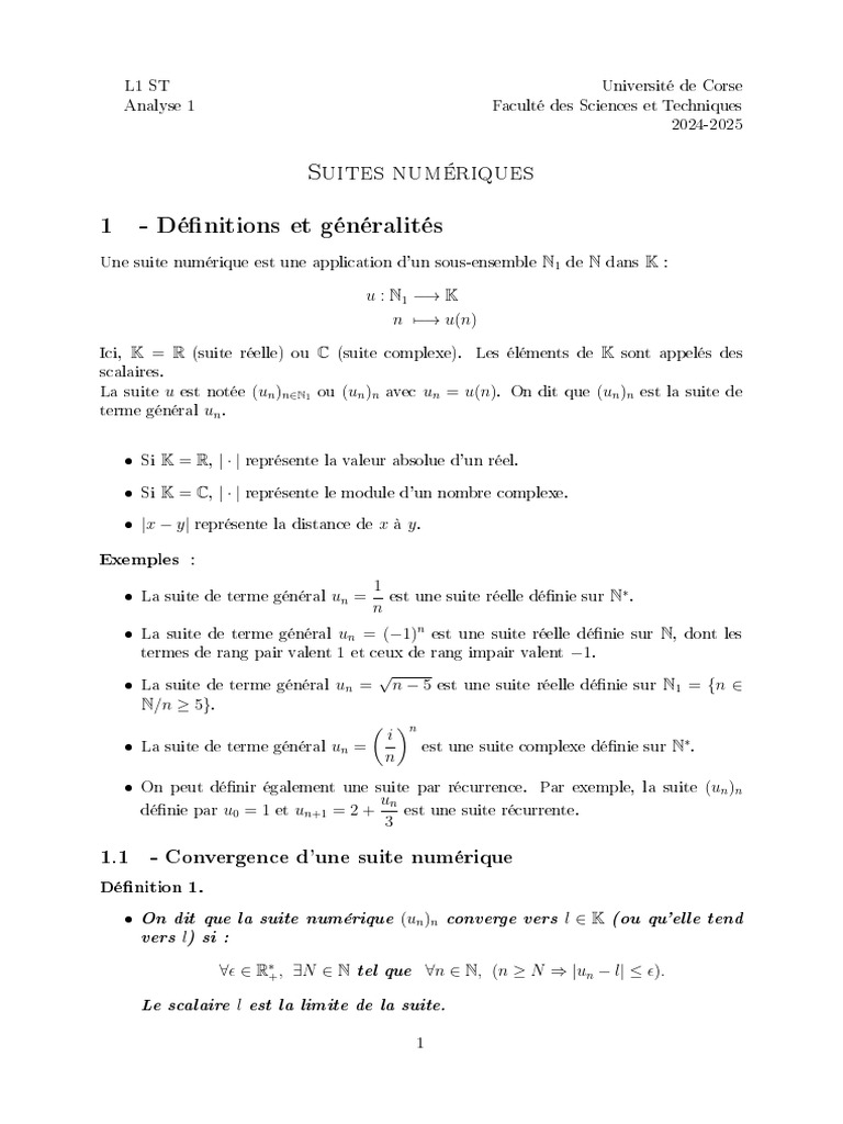 Analyse des Suites Numériques et Convergence | PDF | Limite ...