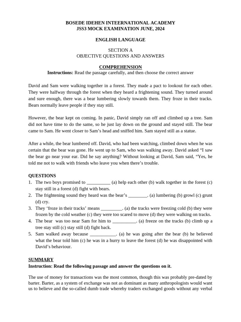 JSS 3 Mock Exam English Language 2024 | PDF | Poetry | Money