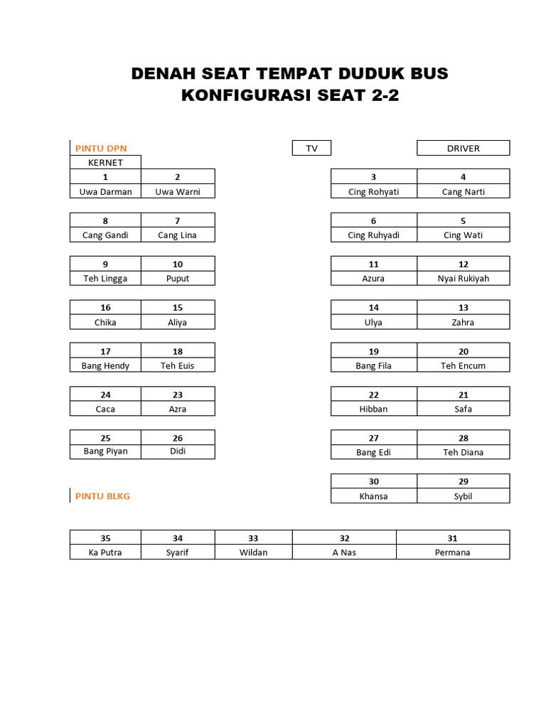 Denah Seat Tempat Duduk Bus | PDF