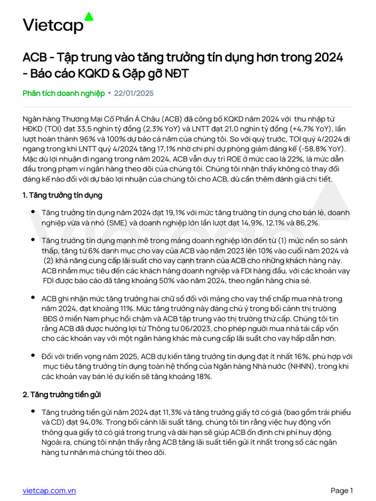 Acb Tap Trung Vao Tang Truong Tin Dung Hon Trong 2024 Bao Cao KQKD Gap Go NDT | PDF