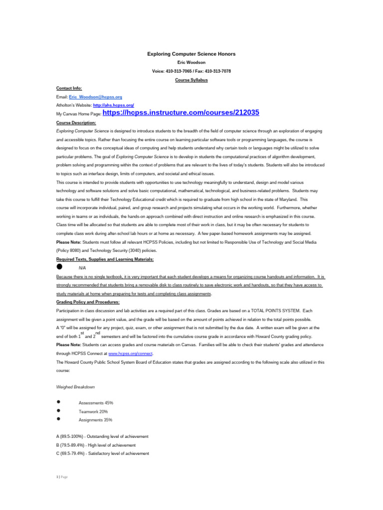 Exploring Computer Science Honors Syllabus 2023-2024 | PDF | Academic ...