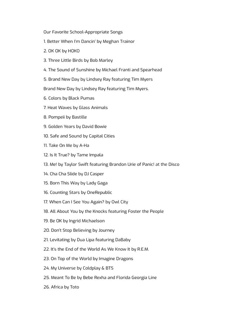Our Favorite School-Appropriate Songs | PDF | Music Award Winners ...