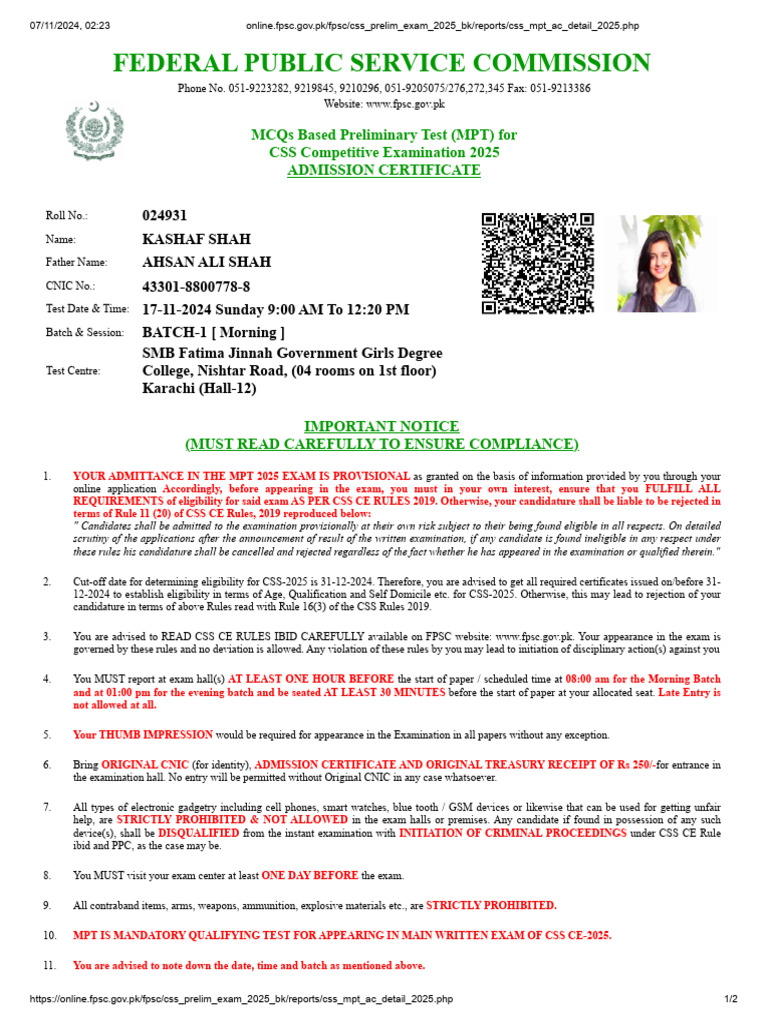 Online - Fpsc.gov - PK FPSC Css Prelim Exam 2025 BK Reports Css MPT Ac ...