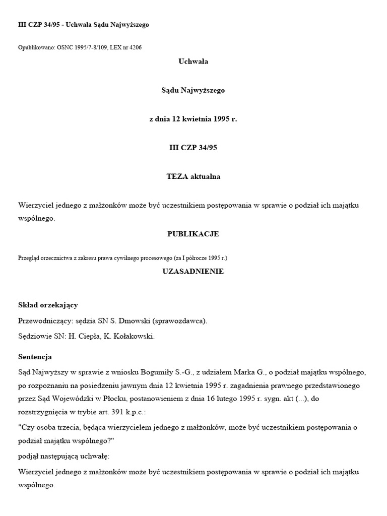 III CZP 34 95 Uchwala Sadu Najwyzszego Orzeczenia | PDF