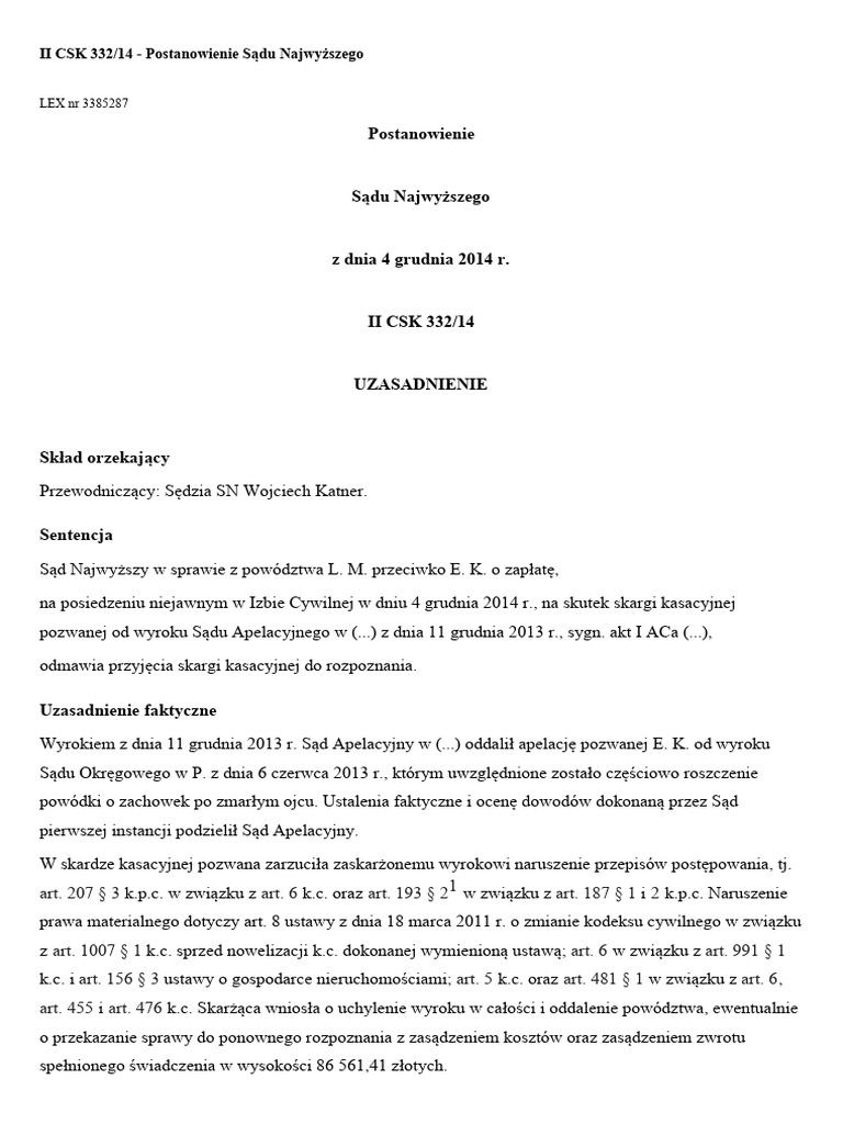 II CSK 332 14 Postanowienie Sadu Najwyzszego | PDF