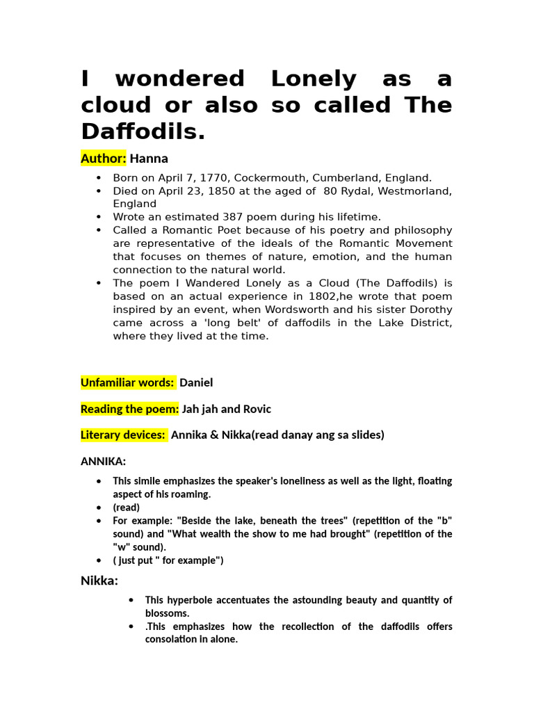 I Wondered Lonely As A Cloud | PDF | Poetry