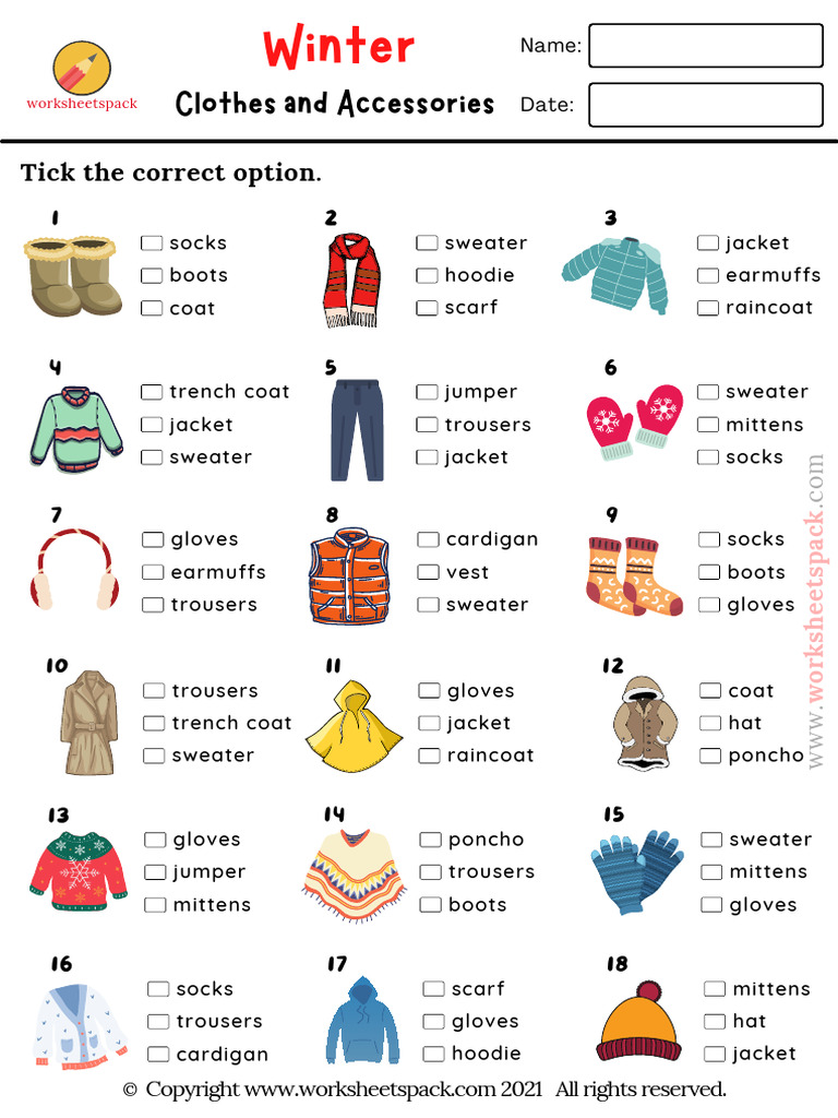 Winter Clothes and Accessories Worksheet | PDF