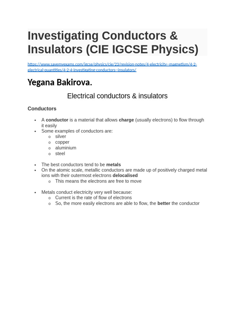 Investigating Conductors - IGCSE | PDF | Electrical Conductor ...