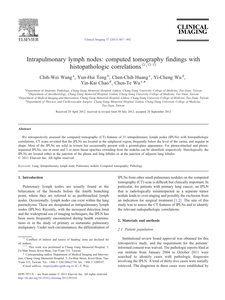 Intrapulmonary Lymph Nodes - Computed Tomography Findings With ...