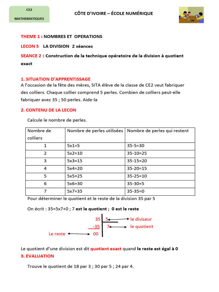 Technique de la division exacte CE2 | PDF | Mathématiques | Arithmétique