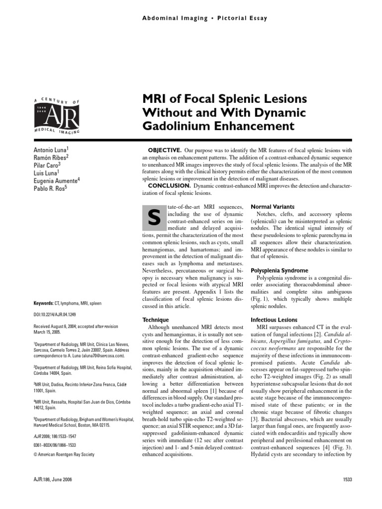 Lesiones Esplenicas Focales | PDF | Spleen | Magnetic Resonance Imaging