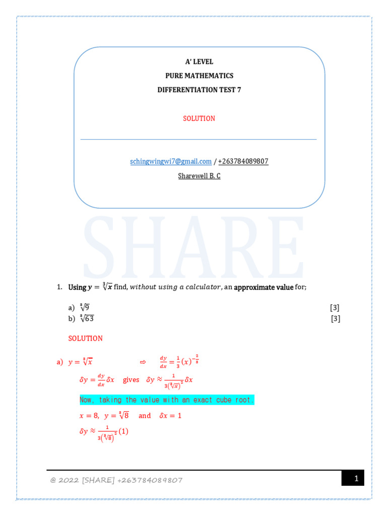 TEST 7 SOLUTION DIFFERENTIATION (PURE MATHEMATICS) Share | PDF | Sphere ...