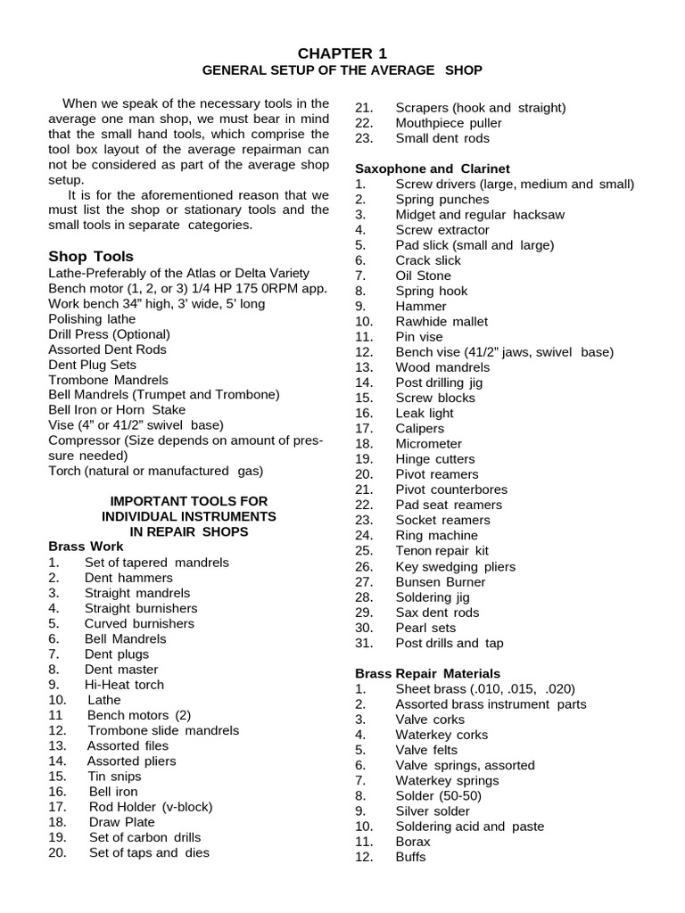 Brass and Woodwind Repair Shop Setup | PDF | Brass Instruments | Saxophone