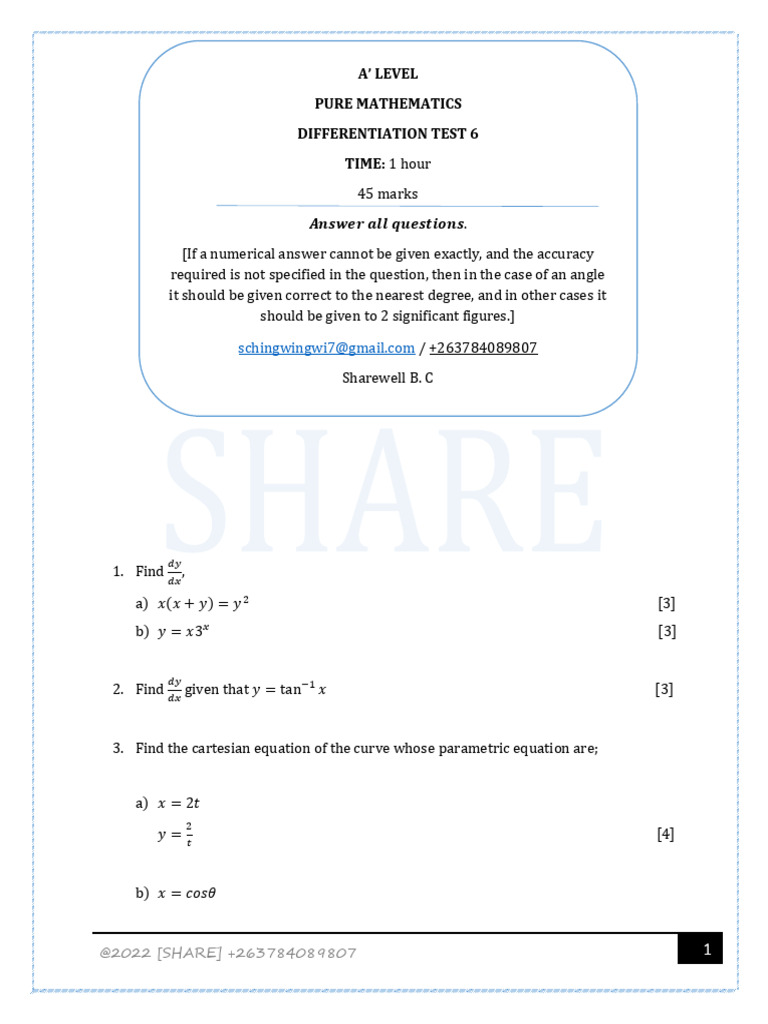 A-Level Differentiation Practice Questions | PDF | Equations | Circle