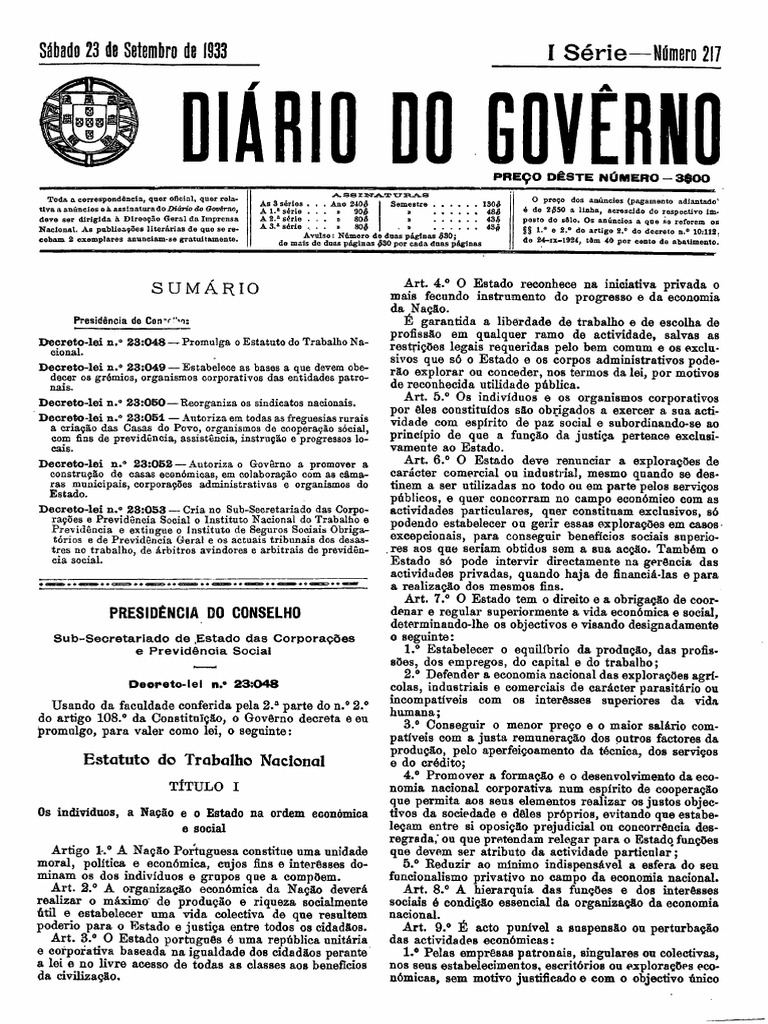 DL-23-set-1933 - Estatuto Do Trabalho Nacional | PDF