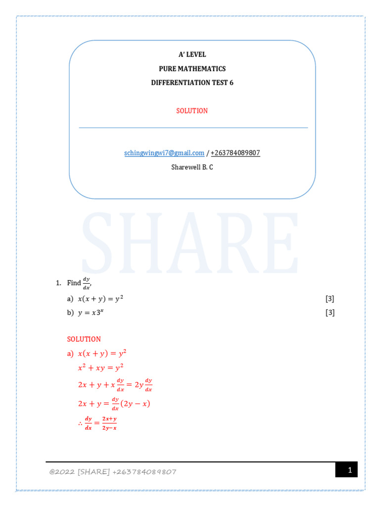 TEST 6 SOLUTION DIFFERENTIATION (PURE MATHEMATICS) Share | PDF | Circle ...