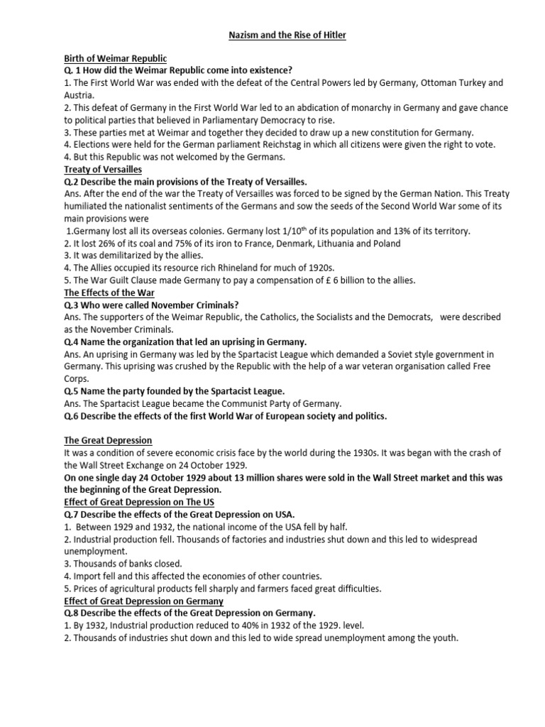 Nazism and the Rise of Hitler QNA | PDF | Weimar Republic | Nazi Germany