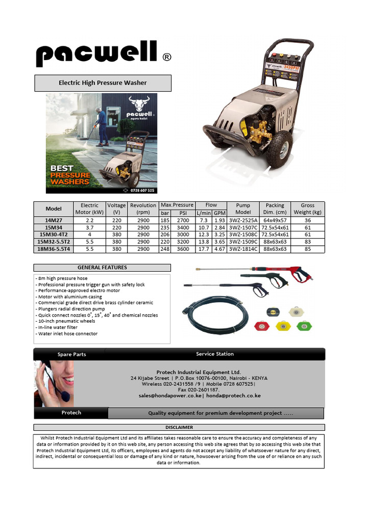 Pacwell Pressure Washer Specifications | PDF | Pump | Diesel Engine
