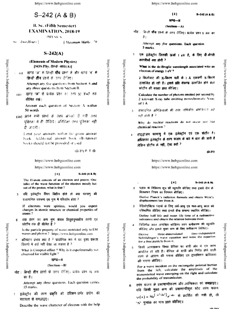 BSC 5 Sem Physics Elements of Modern Physics S 242 A and B 2019 | PDF