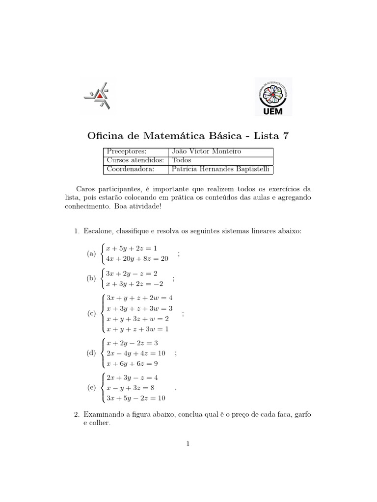 Lista 7: Exercícios de Matemática Básica | PDF