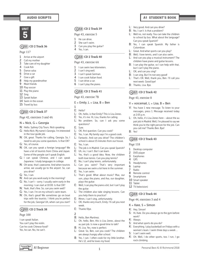 PB AmE A1 SB Audioscript U5 | PDF