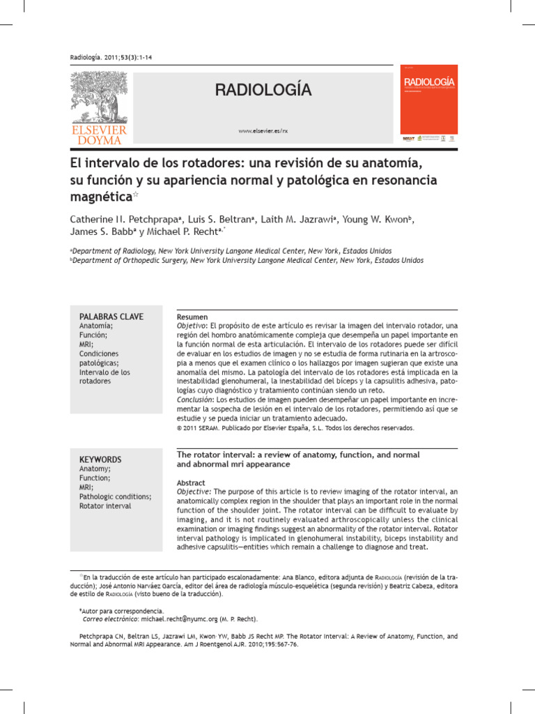 Revisión del intervalo rotador en MRI | PDF | Hombro | Extremidades ...