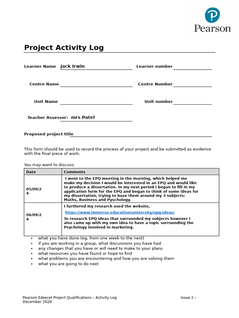 Jack Irwin Activity Log - 06 03 25 | PDF | Thesis