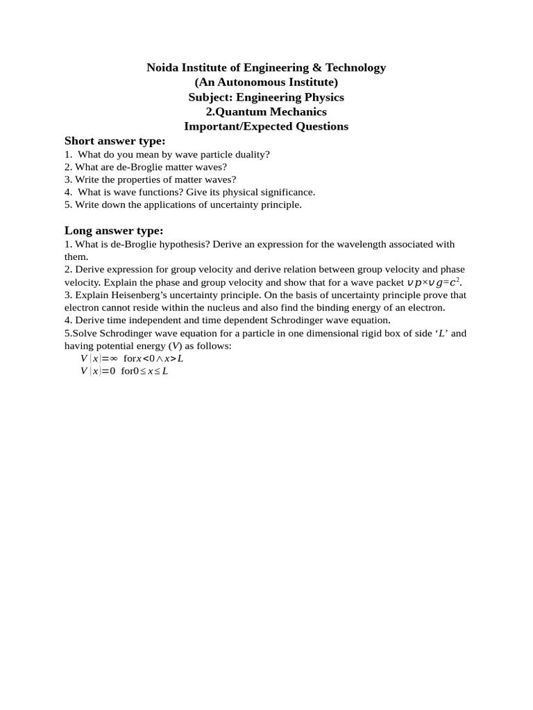 Important Question Quantum Physics | PDF