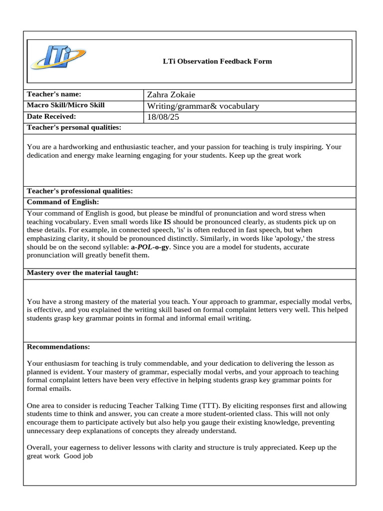 Teacher Observation Feedback Summary | PDF | Teachers | English Language