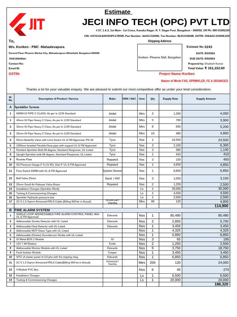 0243 Estimate Koriken - Pmc -Mahadevapura Fas, Sprinkler, Fe & Signages | PDF | Invoice