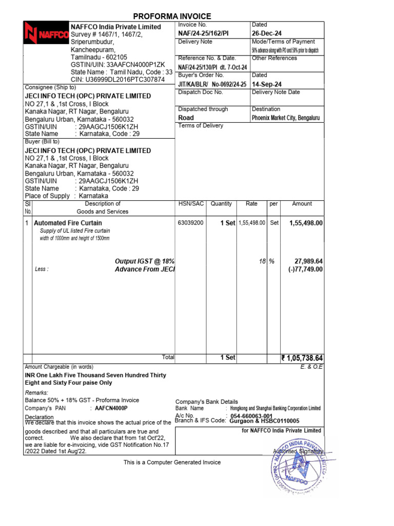 Proforma - For Balance 50% + GST (JECI) (1) | PDF | Invoice | Taxation