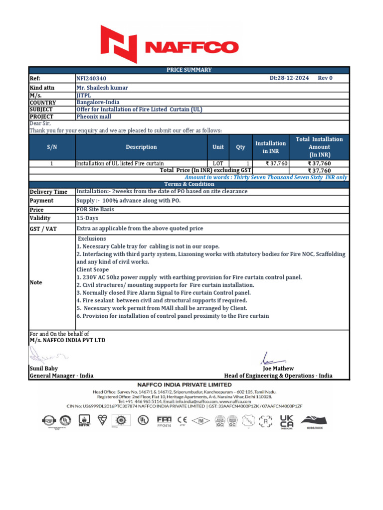 Offer For Installation of UL Listed Fire Curtain - JITPL - Pheonix Mall ...