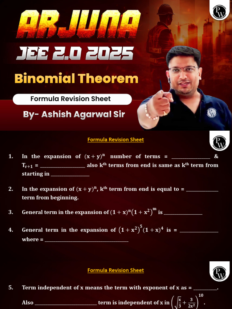 Formula Revision Sheet - Binomial Theorem - Arjuna JEE 2.0 2025 | PDF | Combinatorics ...