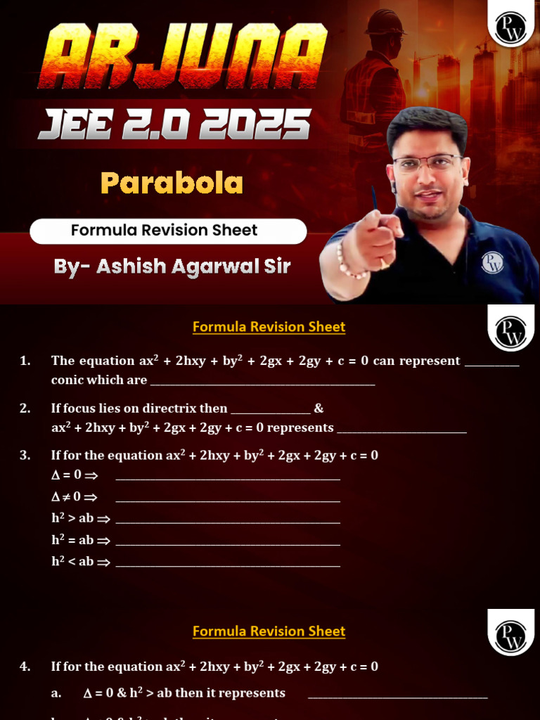 Formula Revision Sheet - Parabola - Arjuna JEE 2.0 2025 | PDF ...