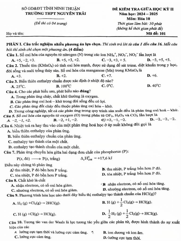 Hóa 10 2024-2025 NT gk2 | PDF