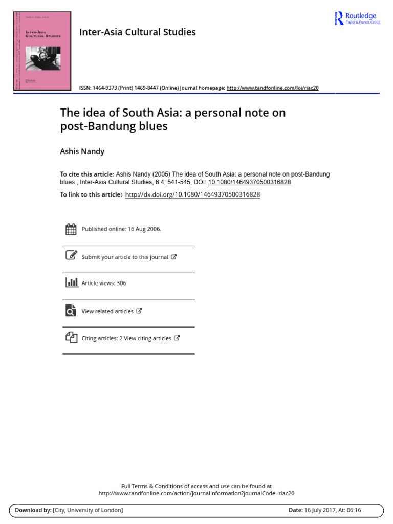 Ashis Nandy (2005) The Idea of South Asia A Personal Note On Post ...