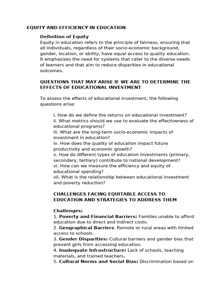 Equity and Efficiency in Education Analysis | PDF | Equity (Economics ...