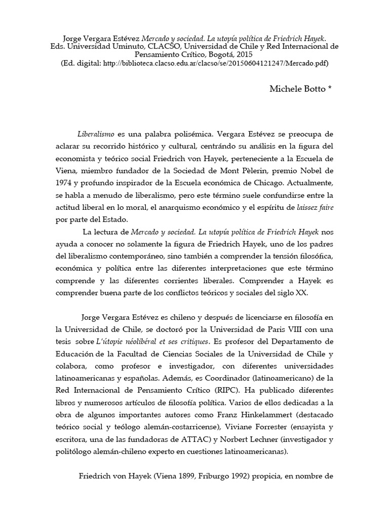 BOTTO Jorge Vergara Estevez Mercado y Sociedad | PDF | Friedrich Hayek ...