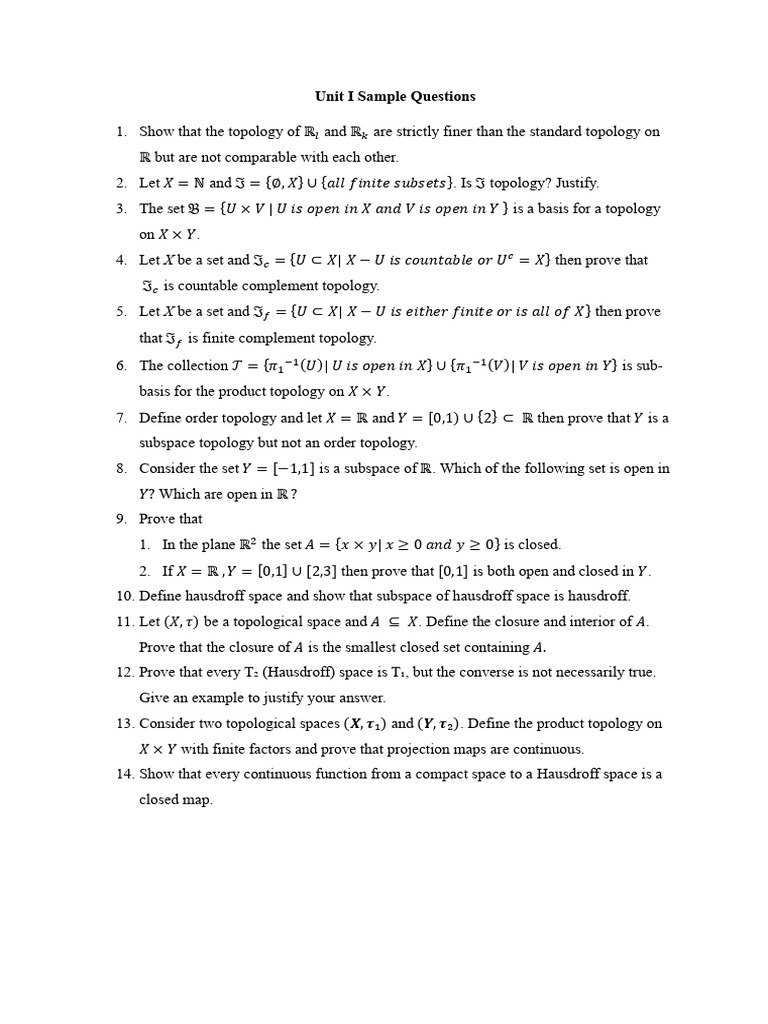 Topology Exam Practice Questions | PDF | Compact Space | Topology